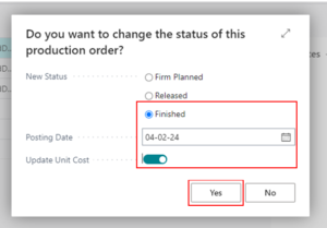 Finished Production Order In Business Central